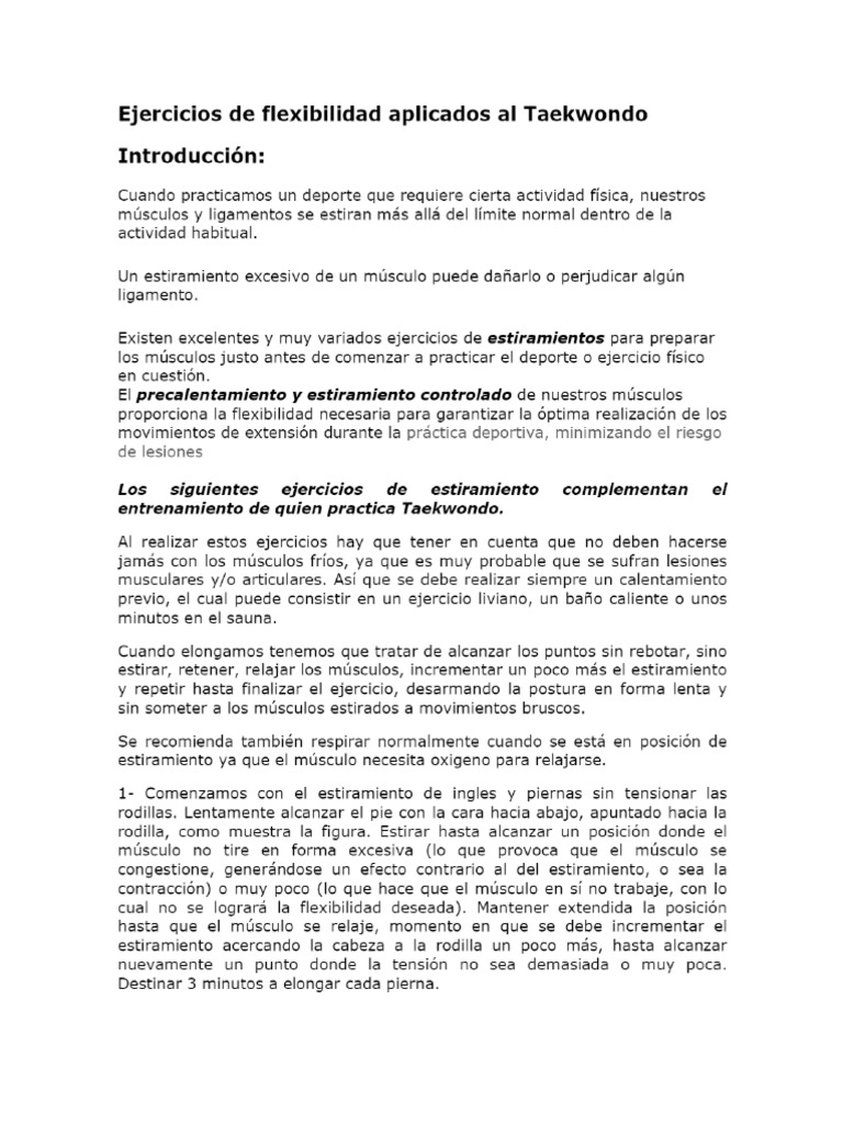 Ejercicios de Flexibilidad Aplicados Al Taekwondo Introducción | PDF