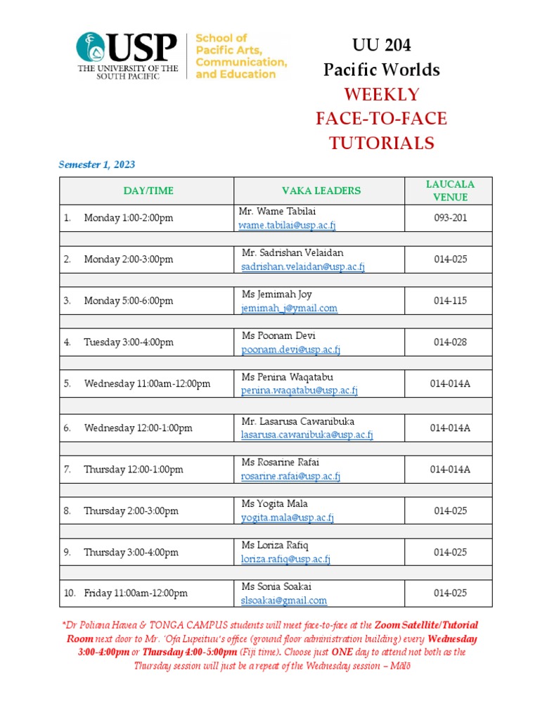 Pacific Worlds Semester 1 Tutorials Schedule | PDF