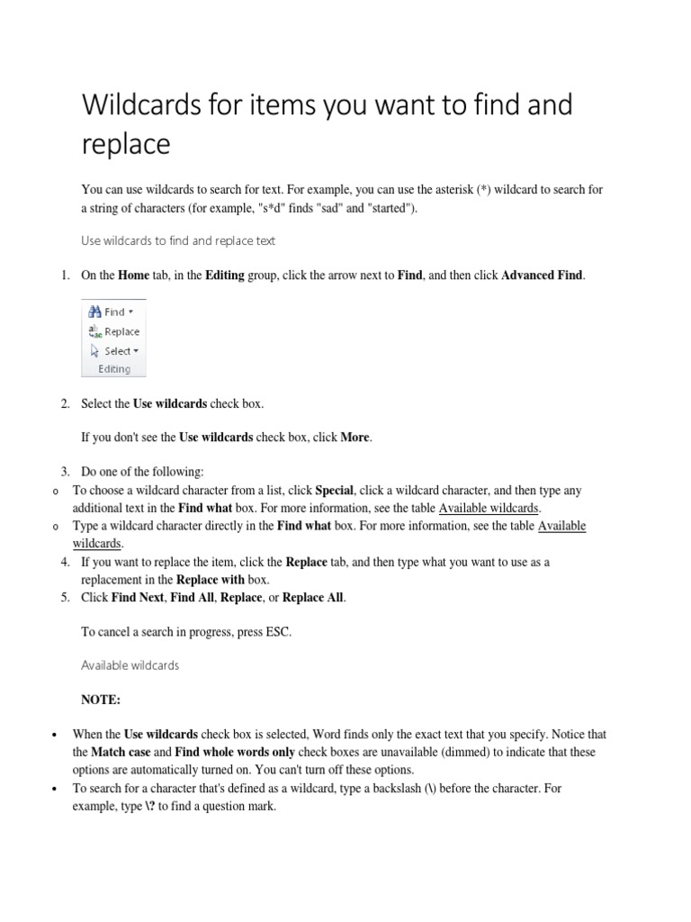 Wildcards For Items You Want To Find and Replace PDF | PDF | Bracket | Regular Expression
