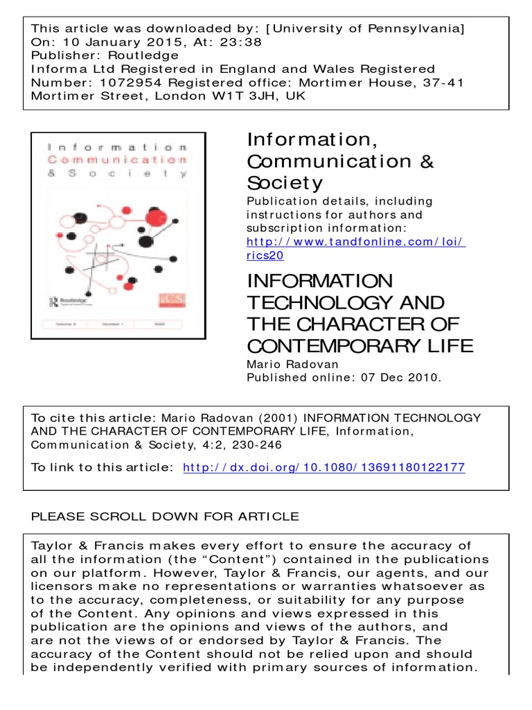 Information Technology and The Character of Contemporary Life | PDF | Privacy | Information