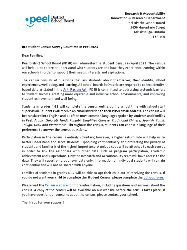 Student Census 2023 - Parent Information & Consent Letter - 4-12 Digital | PDF | Census ...