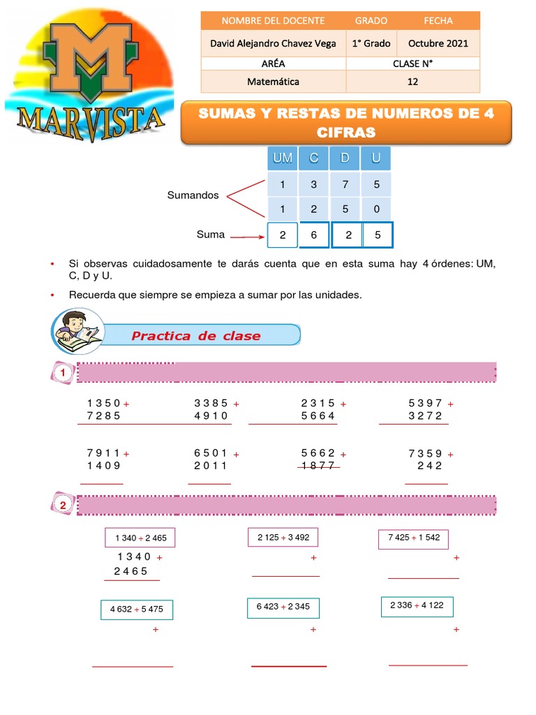Sumas y Restas de 4 Cifras | PDF | Matemáticas | Aritmética