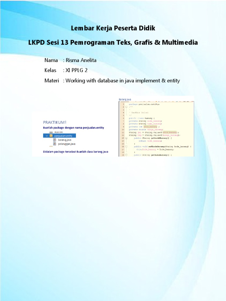 LKPD ProgTeks, Grafis, Multimedia Sesi 13 Java Database (Entity, Implement) - Risma - Anelita ...