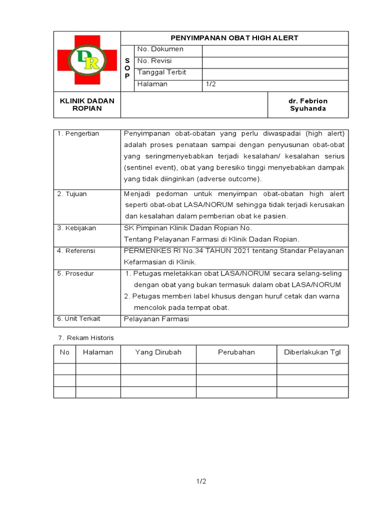 Sop Penyimpanan Obat High Alert Pdf
