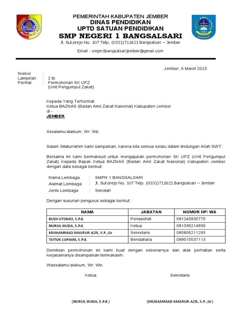 Pengajuan Upz SMPN 1 Bangsalsari | PDF