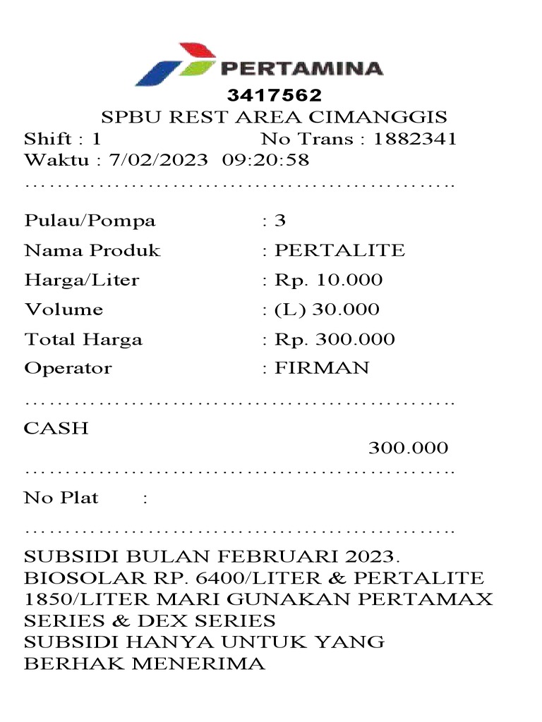 Struk Pembelian Bensin Pertalite SPBU | PDF