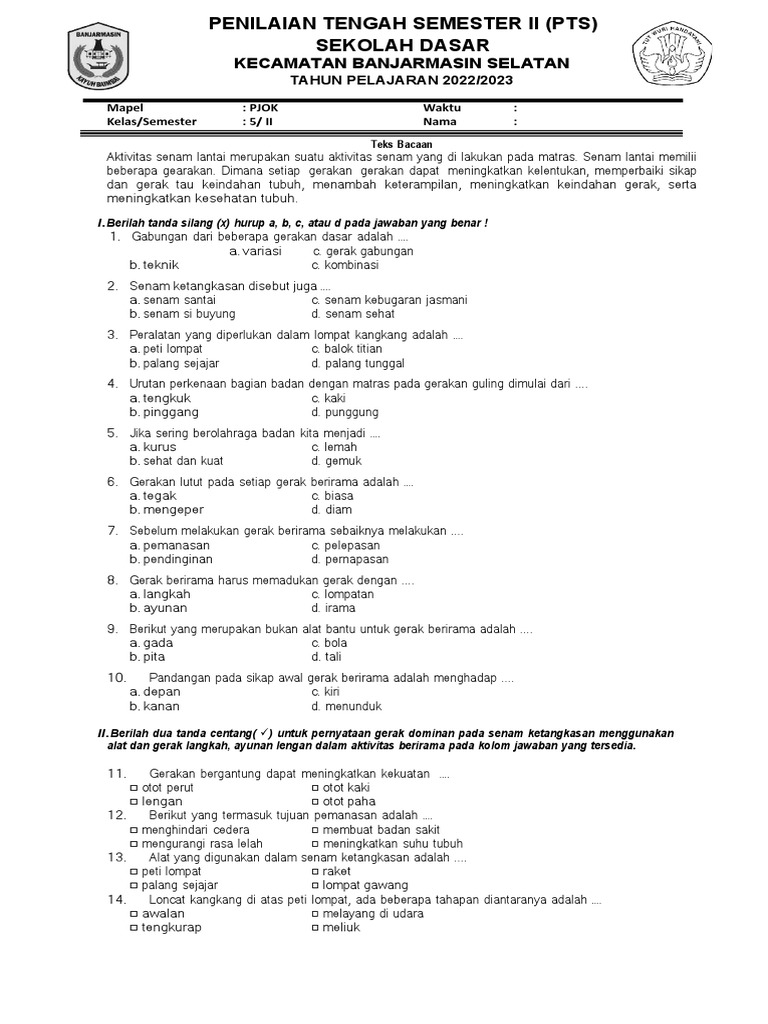 Soal PTS Sem 2 Pjok Kelas 5 2023 | PDF