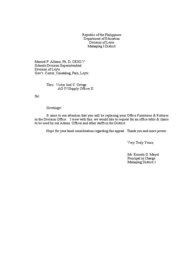 Request for Office Furniture from Division Office | PDF