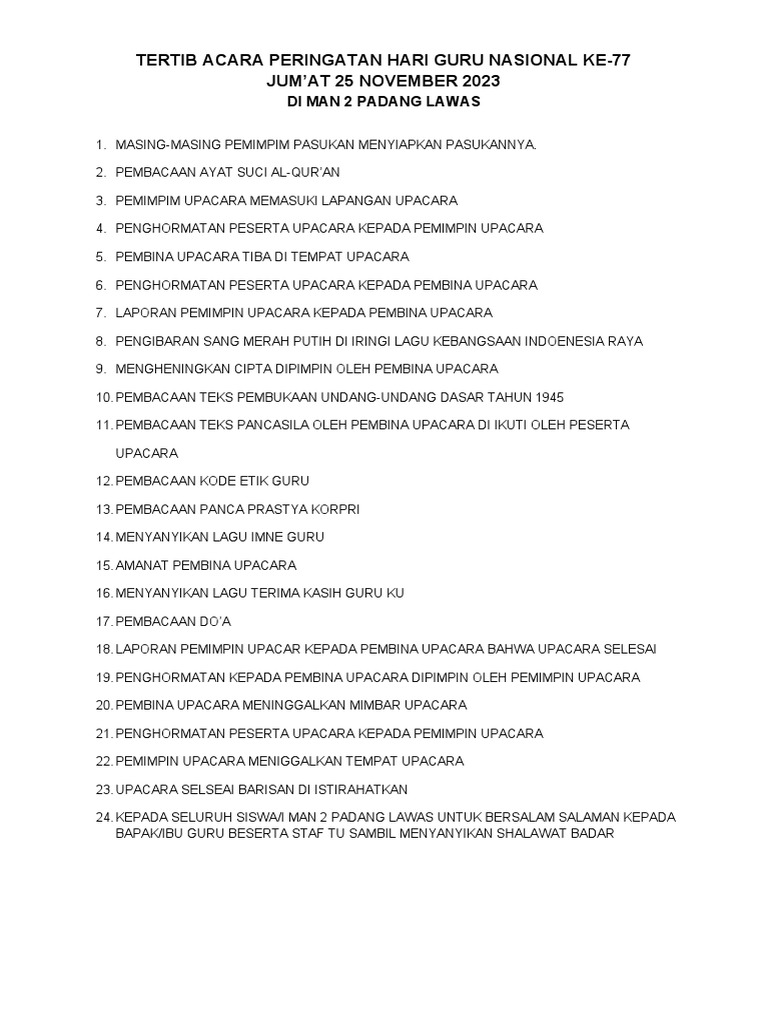 Tertib Acara Peringatan Hari Guru Nasional Ke | PDF