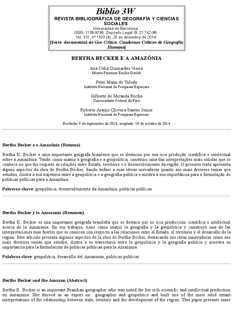 Bertha Becker e A Amazônia | PDF | Geopolítica | Sociologia