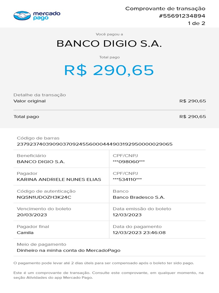 Comprovante de pagamento de boleto bancário no valor de R$290,65 ...