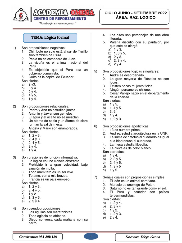 Separata 2 - Lógica Formal PDF | Descargar gratis PDF | Proposición