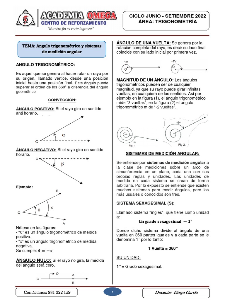 1) Teoría - Angulo Trigonometrico y Sistemas de Medicion Angular PDF | PDF | Trigonometría | Ángulo
