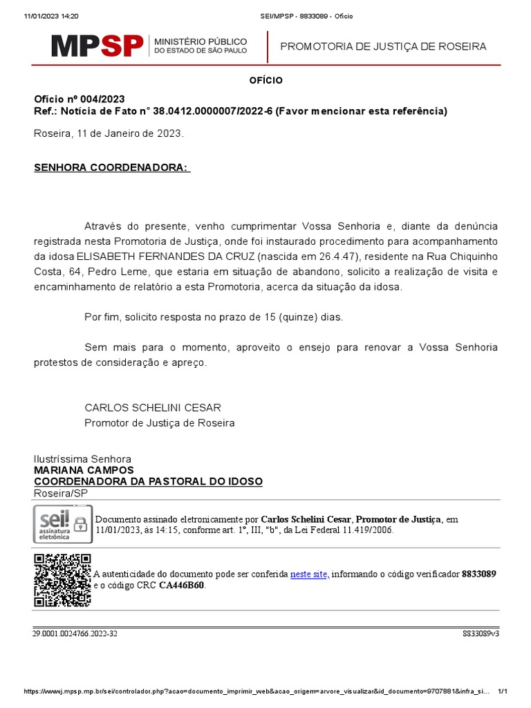 SEI - MPSP - 8833089 - Ofício 004.2023 Pastoral Idoso PDF | PDF