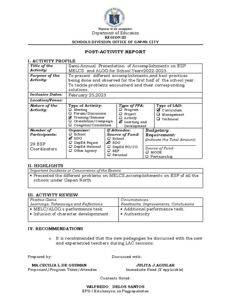 Post Activity Report-copyESP | PDF | Learning | Education Theory