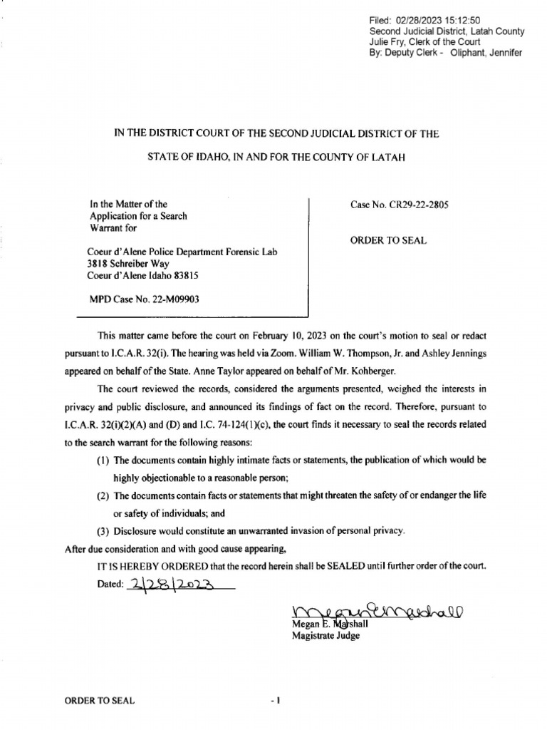 Order To Seal - Coeur Dalene Police Department Forensic Lab PDF | PDF ...