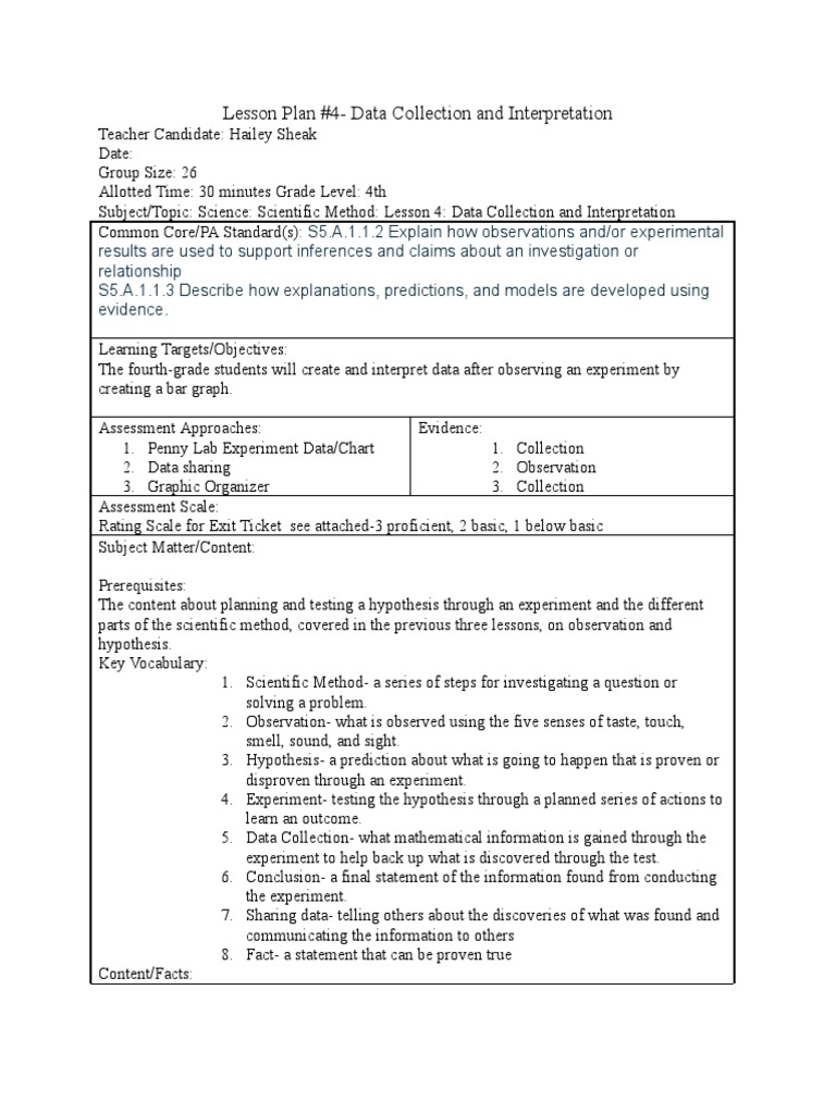 Lesson Plan 4 - Data Collection and Interpretation | PDF | Experiment | Hypothesis