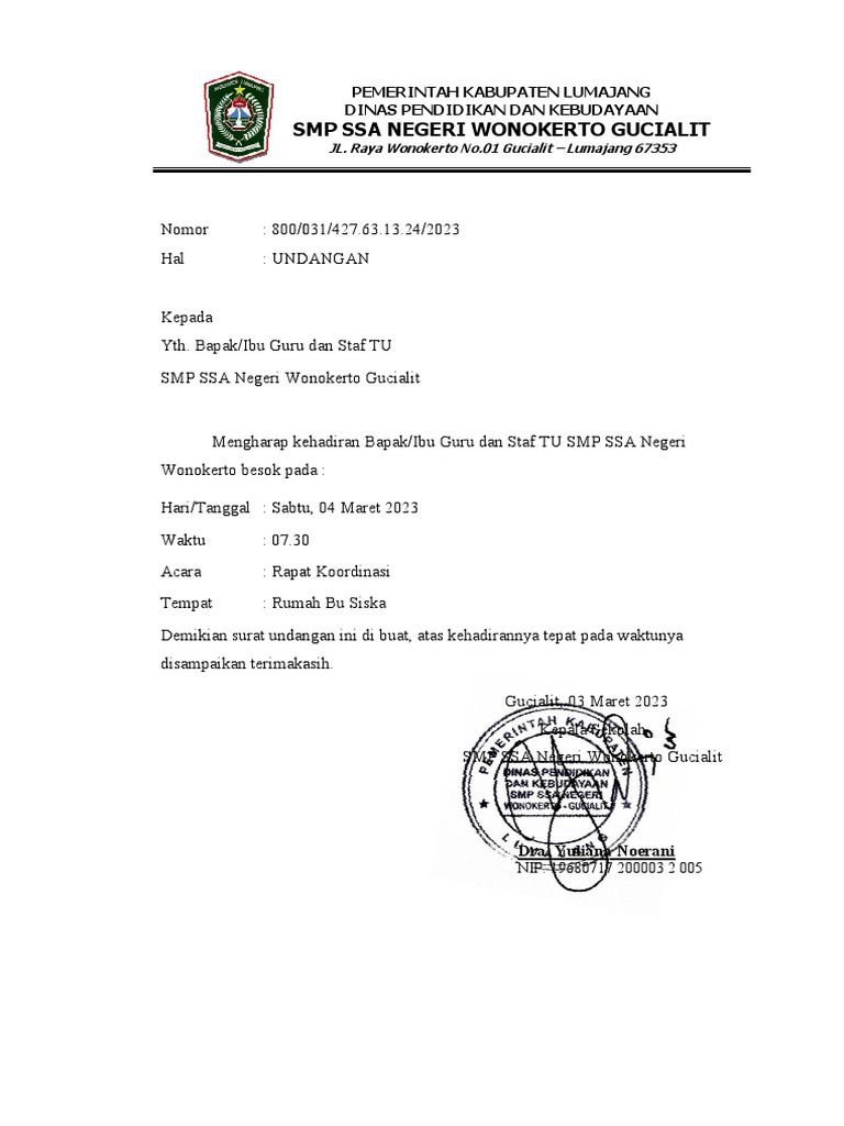 Undangan Rapat Koordinasi SMP SSA | PDF