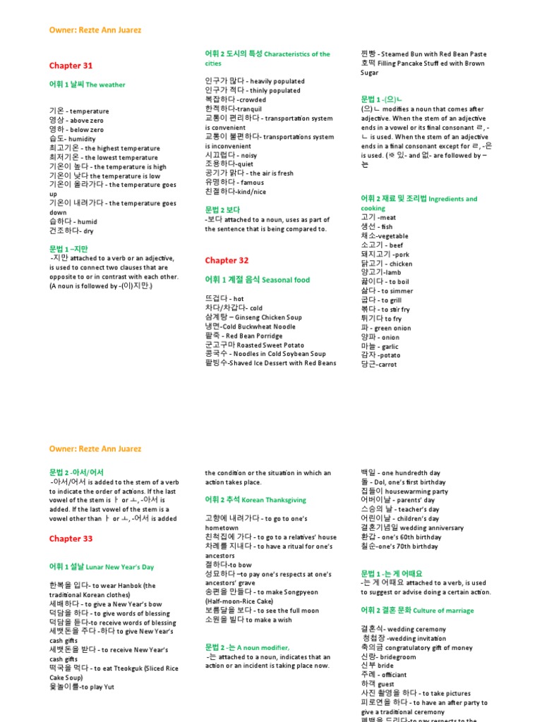Eps Topik Book 2-Vocabs and Grammar Summary | PDF | Korean Cuisine
