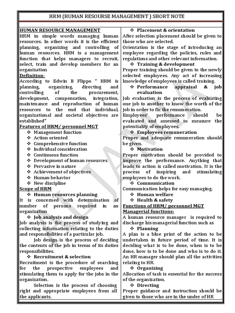 HRM Short Notes | PDF | Human Resource Management | Human Resources