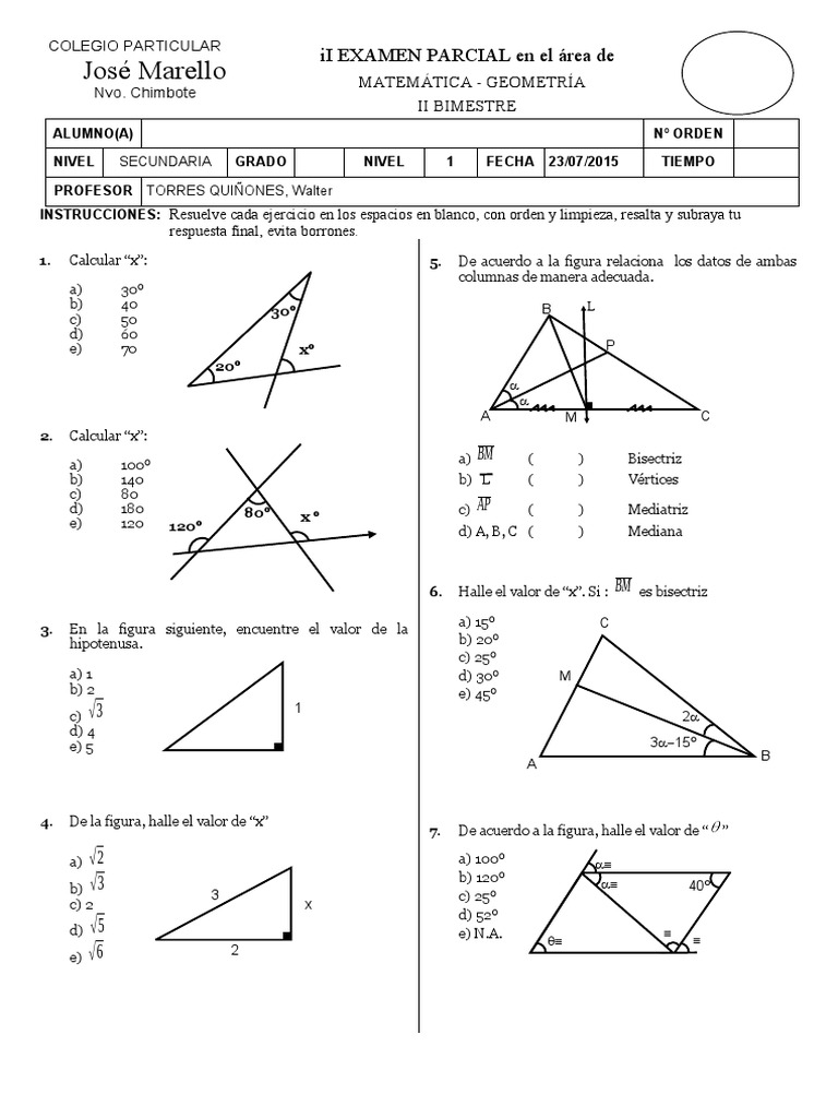 Ii Examen Parcial - Geometría - 1° - Ii Bimestre | PDF | Teoría de los números | Geometría Elemental