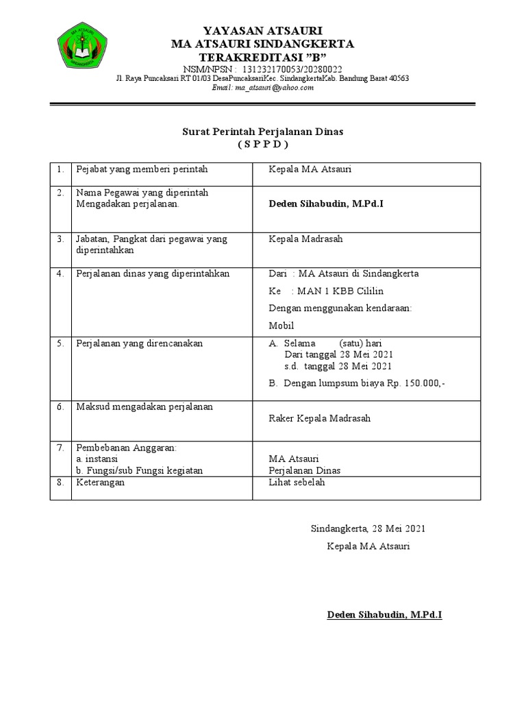 Contoh SPPD Guru Dari Sekolah | PDF
