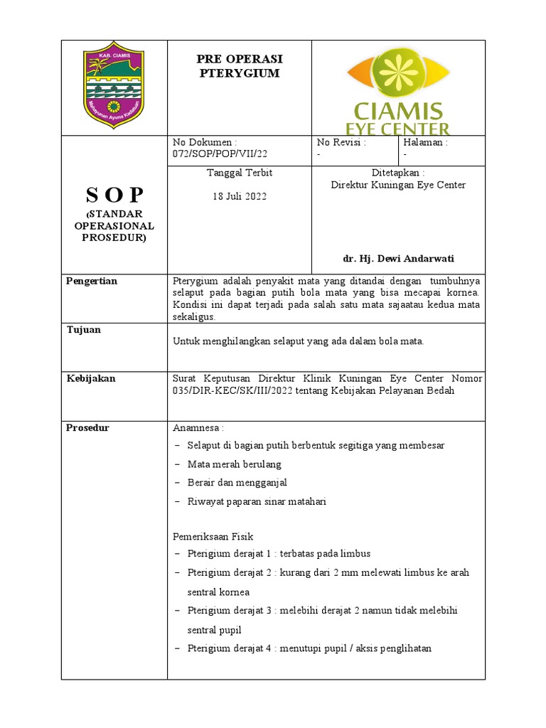 Sop Pre Op Pterygium | PDF