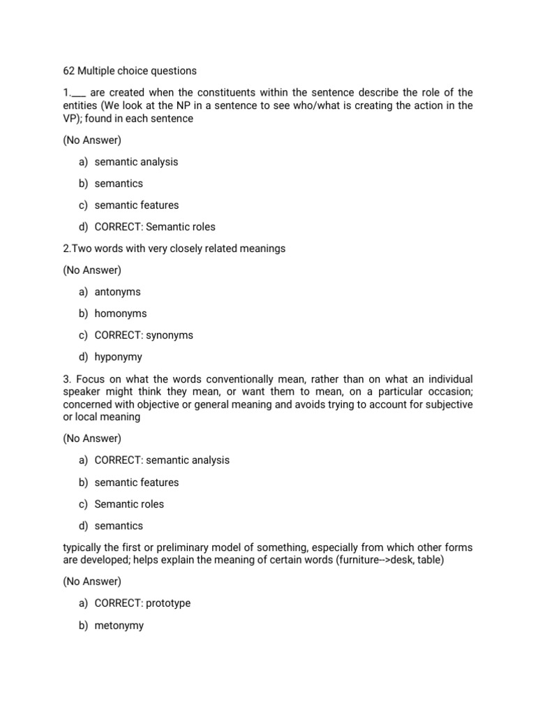 62 Multiple Choice On Semantics | PDF | Linguistic Morphology | Linguistics