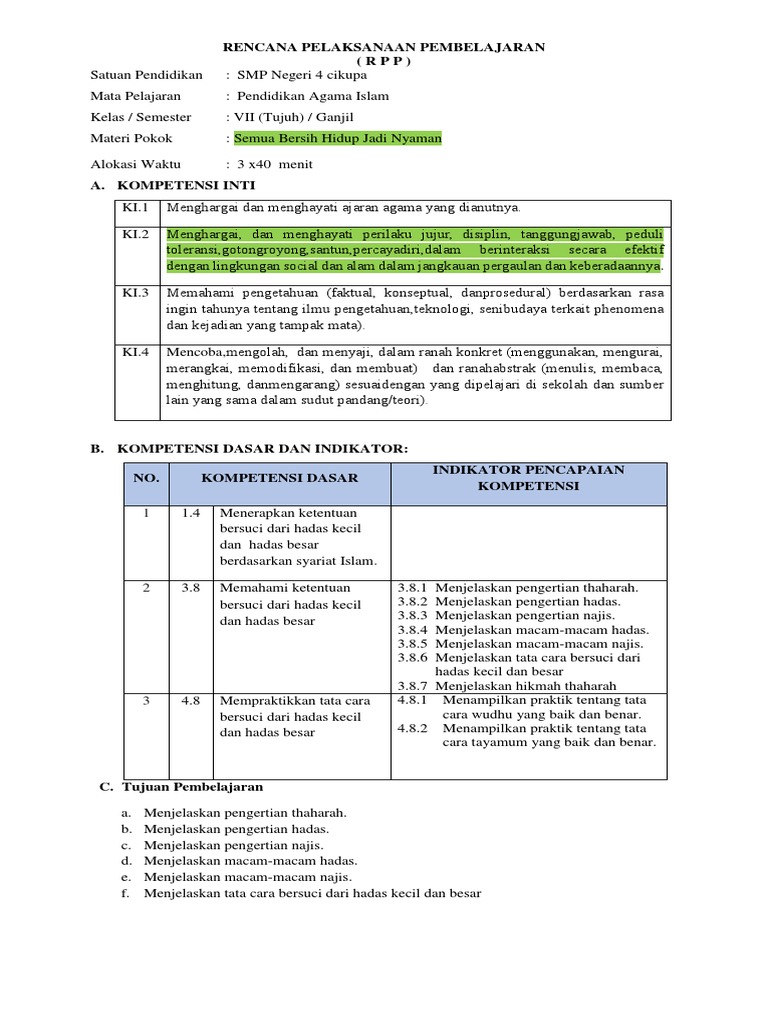RPP PAI Kelas VII: Bersuci dan Thaharah | PDF | Karier & Perkembangan