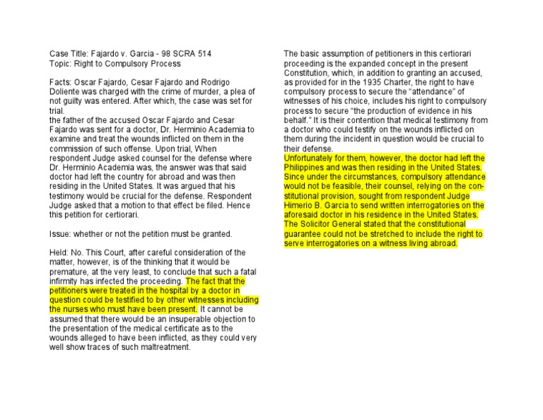 Compulsory Process in Fajardo Case | PDF | Witness | Plea