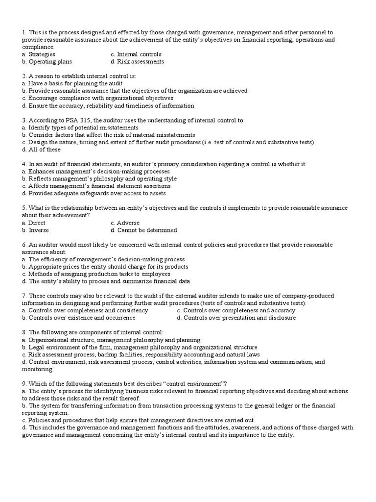 Quiz On Entity's Environment and Internal Control | PDF | Internal ...