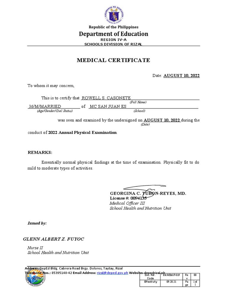 Medical Certificate | PDF
