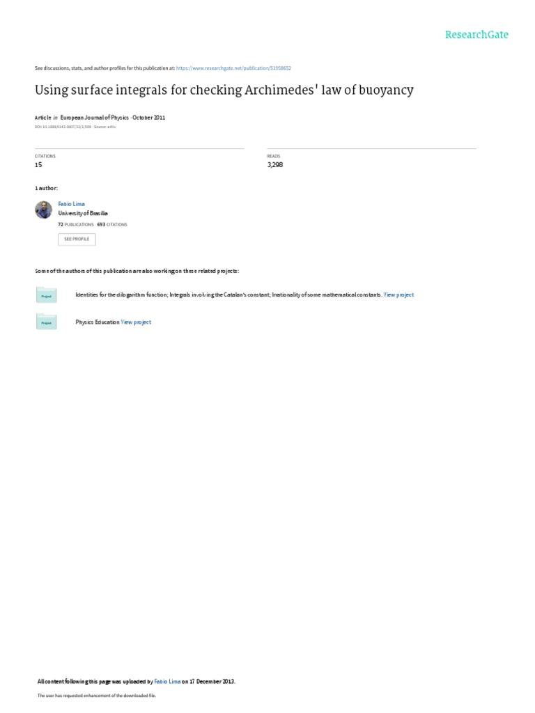 Using Surface Integrals For Checking The Archimedes' Law of Buoyancy ...