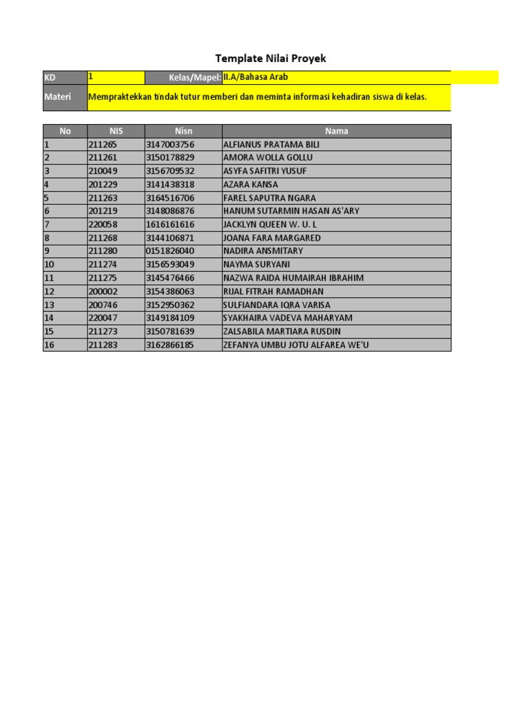 Template Nilai Proyek Bahasa Arab | PDF