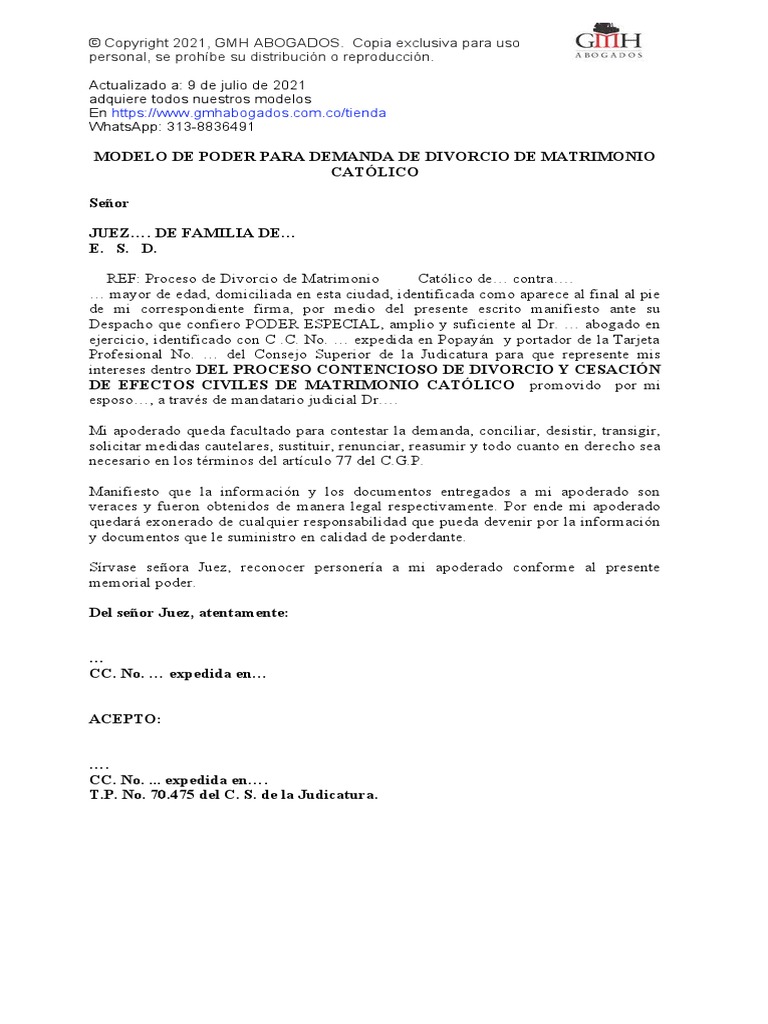 Modelo de Poder para Demanda de Divorcio de Matrimonio Católico | PDF
