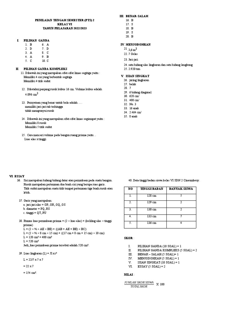 Kunci Jawaban PTS MTK Kelas Vi Semester 2 2022-2023 | PDF