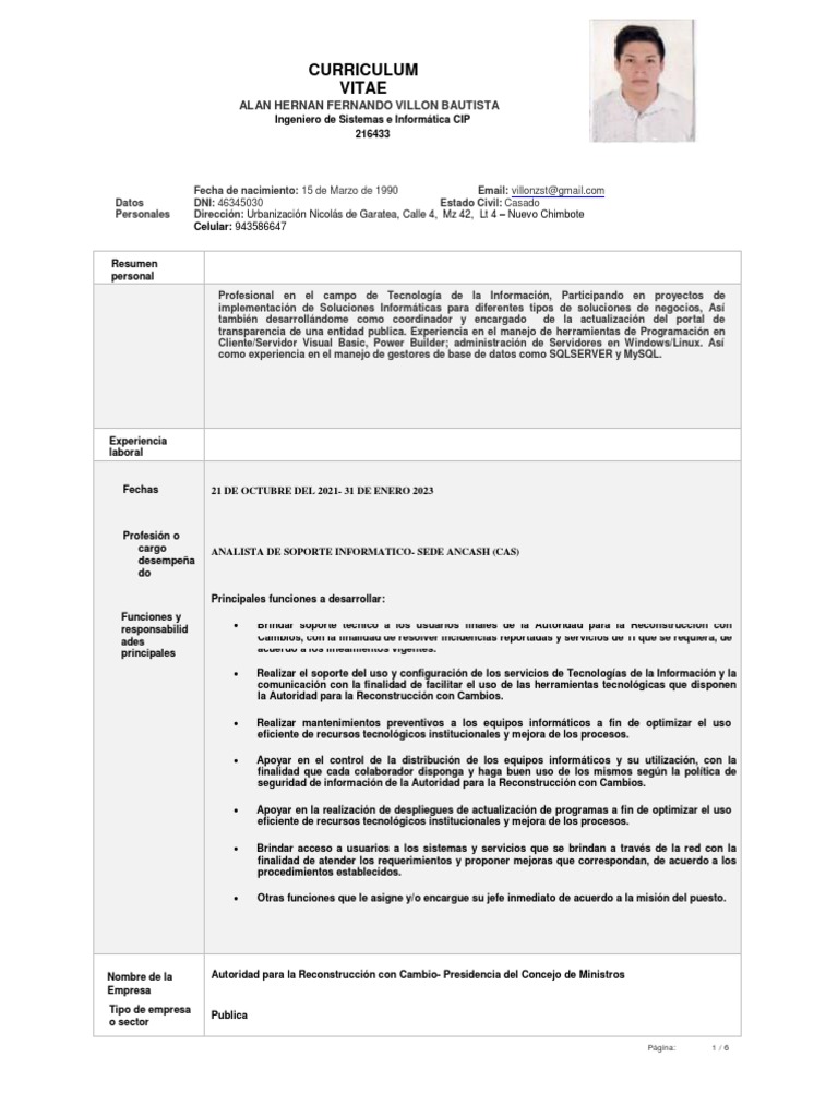 CV Alanvillon 2023 PDF | PDF | Servidor SQL de Microsoft | Mi sql
