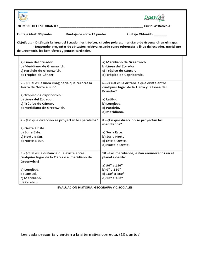 Evaluación Sumativa N°1 Paralelos y Meridianos | PDF | Ecuador | Longitud