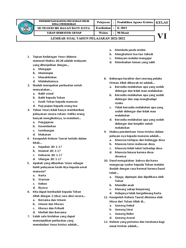 Soal Agama Kristen Kelas VI | PDF