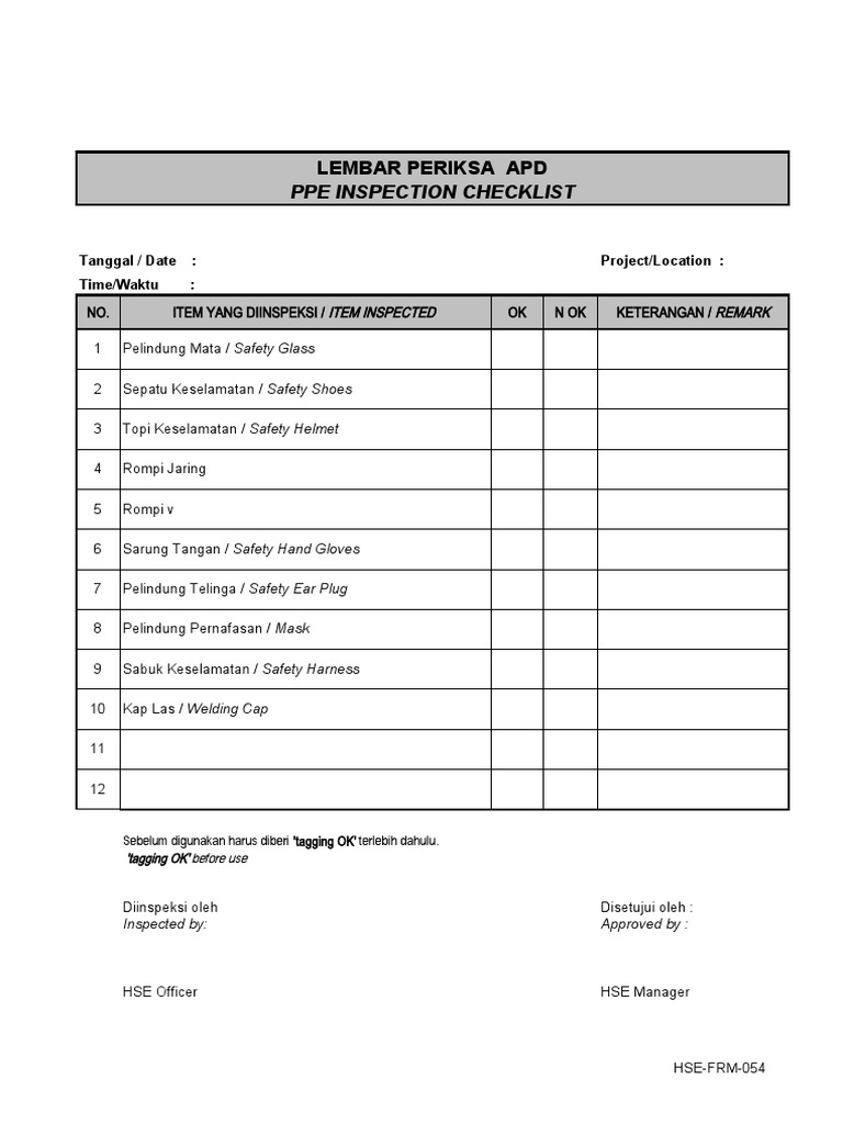 Checklist Inspeksi APD HSE-FRM-054 | PDF