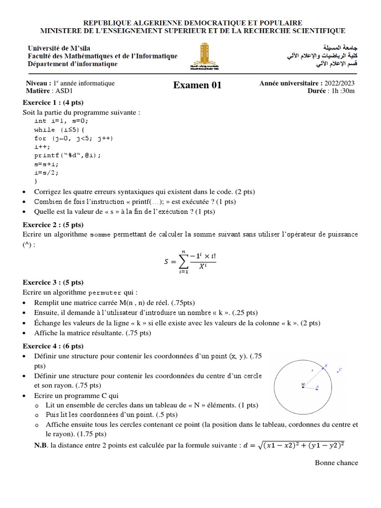 Examen1 Algorithmique Et Structures de Données 1 | PDF | Programme informatique | Programmation