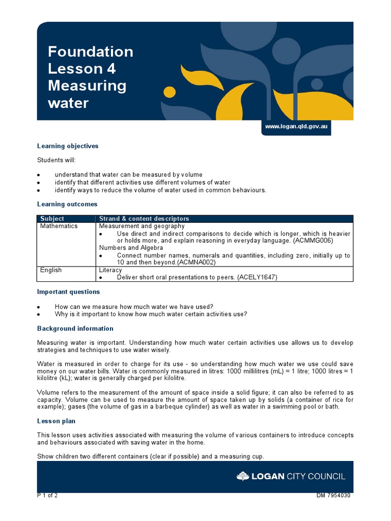 Lesson Plan Foundation Year Lesson 4 Measuring Water PDF | PDF | Water ...