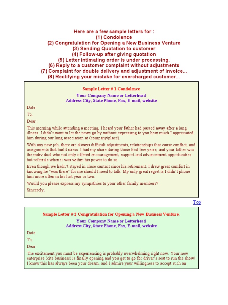 A Collection of Sample Business Letters Covering Common Business ...