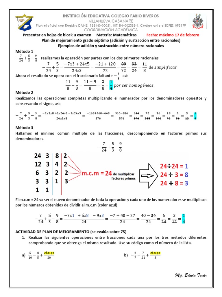 Plan de M Septimo Suma y Resta de Racionales X3 PDF | PDF | Sustracción | Número racional
