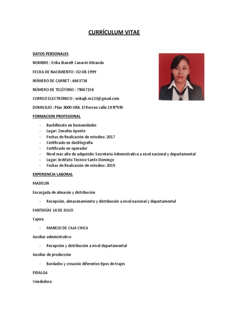 Currículum Vitae Erika Jhanett Canaviri Miranda | PDF