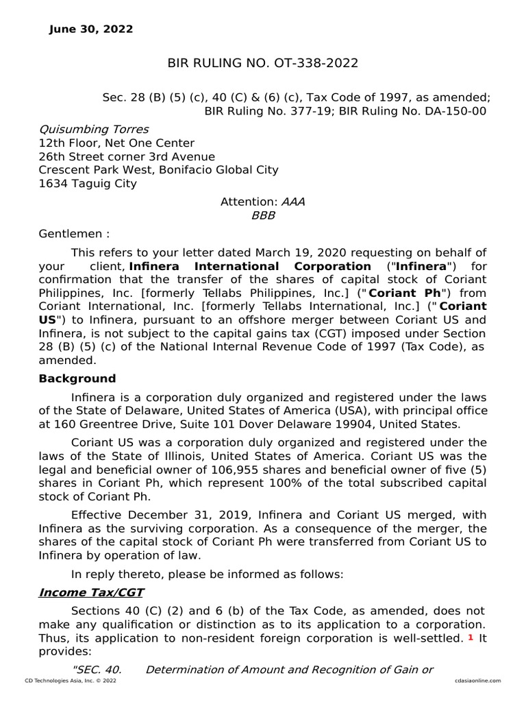 Bir Ruling No. Ot-338-2022 | PDF | Taxes | Mergers And Acquisitions