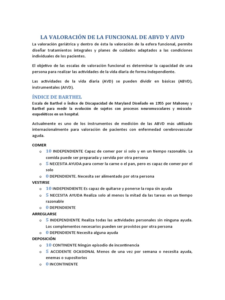 La Valoración de La Funcional de Abvd y Aivd | PDF | Geriatría ...