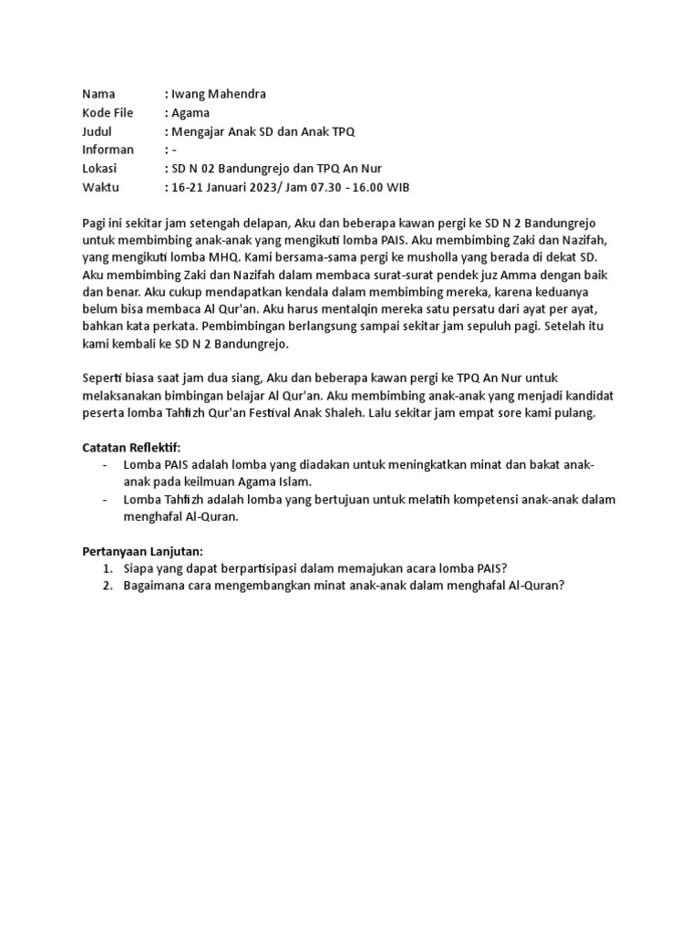 Fielnote Iwang | PDF | Ilmu Sosial | Agama & Spiritualitas