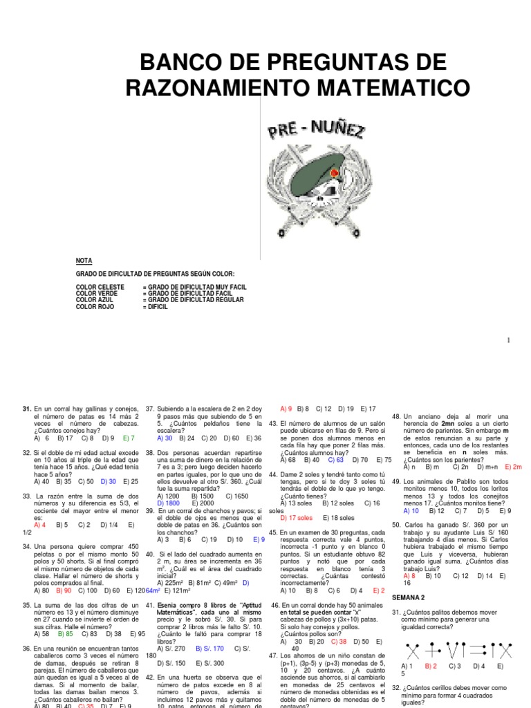 Banco de Preguntas de Razonamiento Matematico | PDF