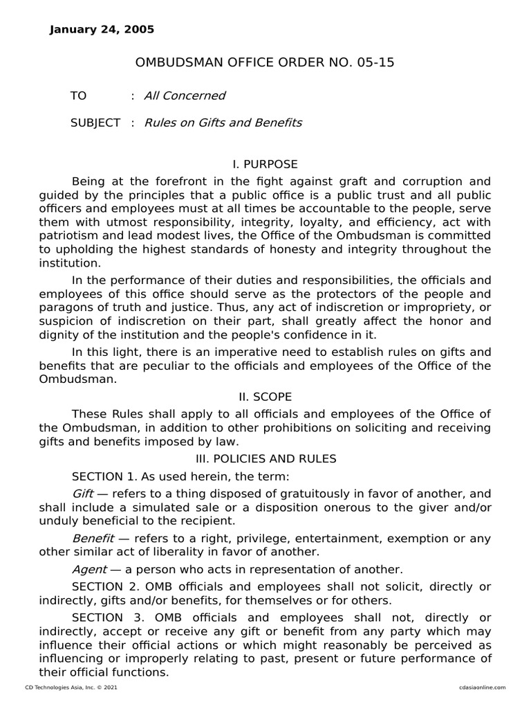 Ombudsman Office Order No. 05-15, (January 24, 2005) | PDF | Gift | Government
